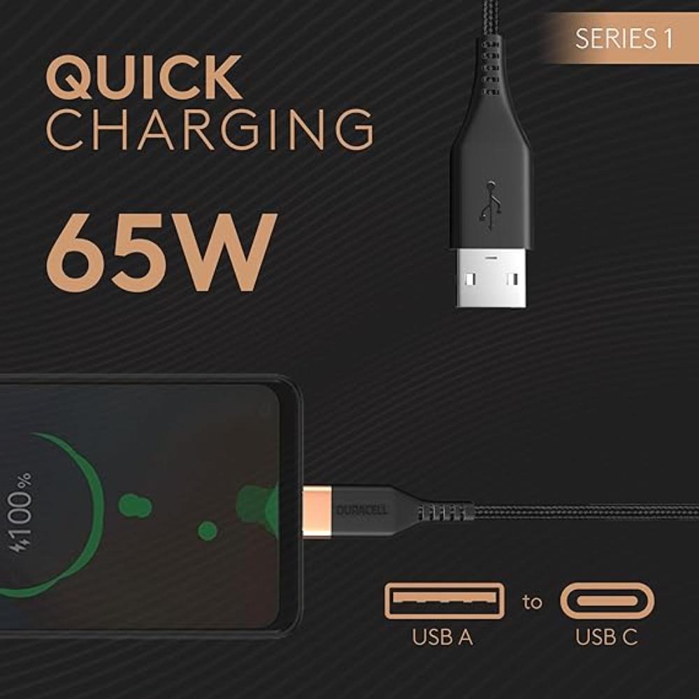 Buy Duracell 3 A Fast Charging Type A to Type C Power Cable, Black at ...