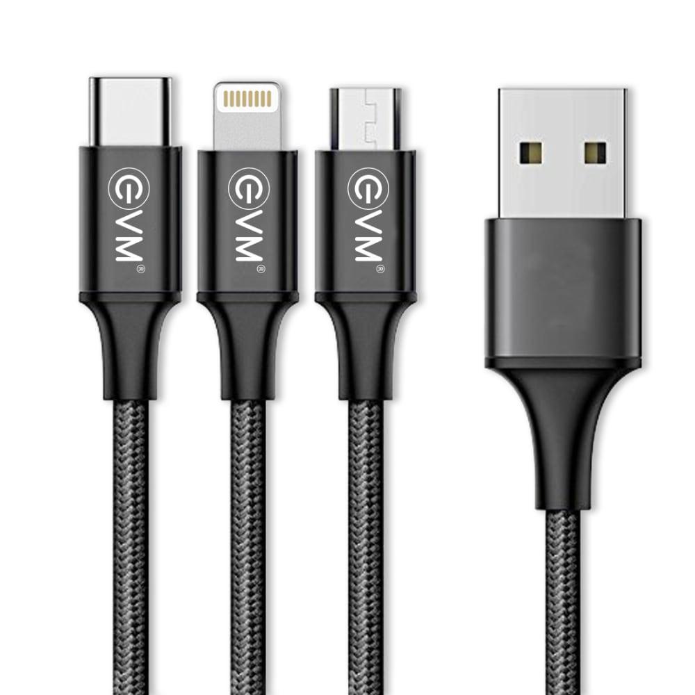Buy EVM M3 3-in-1 Metal Head Nylon Braided Charging Cable, Black at ...